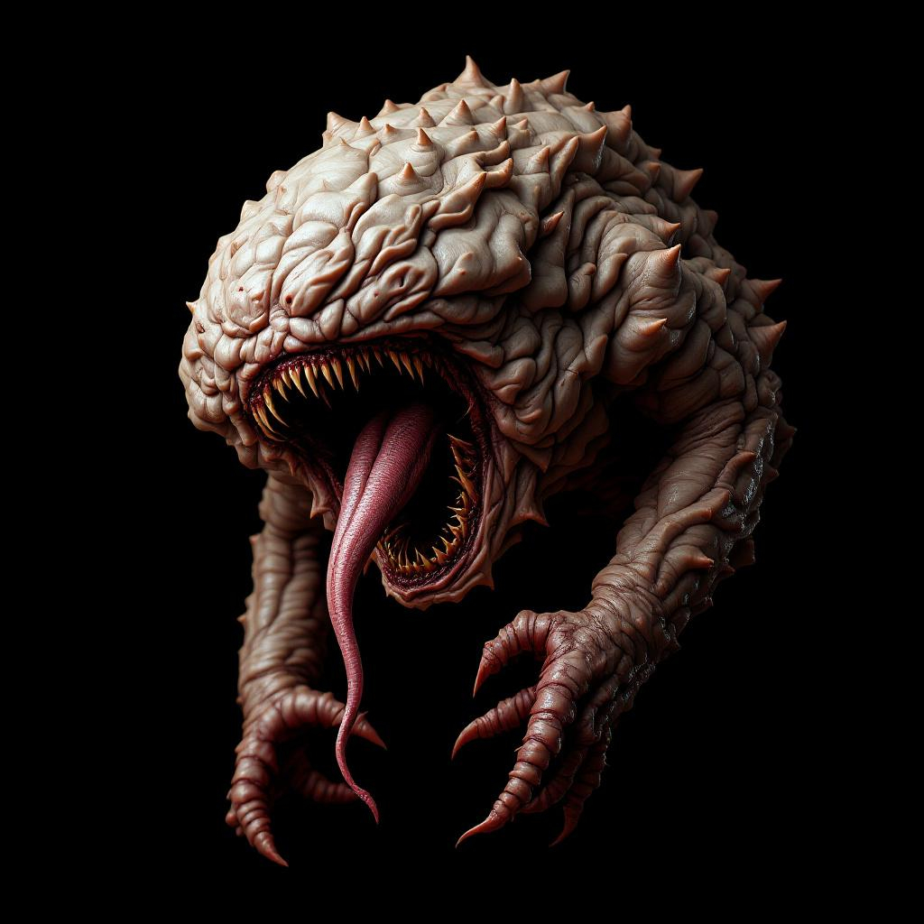 A grotesque creature emerges from an inky black back...