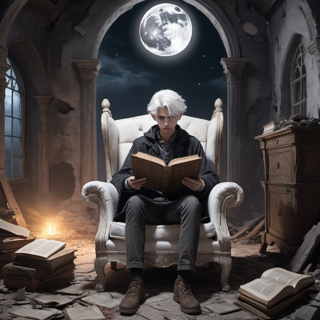 A lonely, white haired young man. Sitting on the rui...