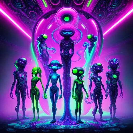 Hypnotic illustration of a group of Aliens, standing...