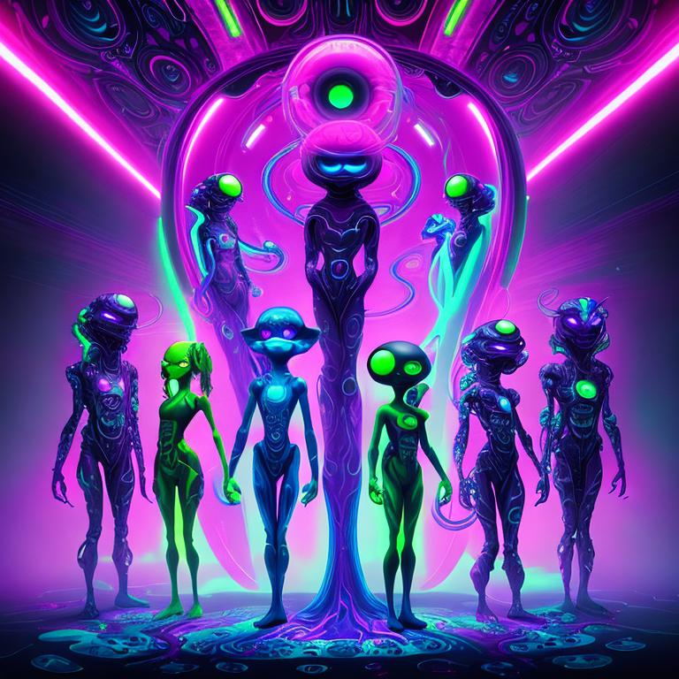 Hypnotic illustration of a group of Aliens, standing...