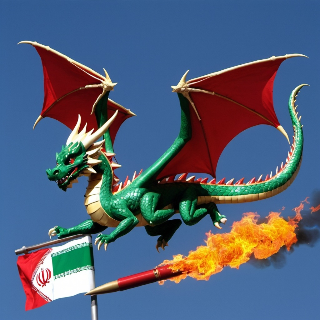 dragon with iranian flag on wing an body missle as t...