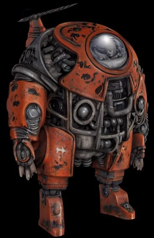 a sphere robot with slayer dwarf hair rusty, runic,...