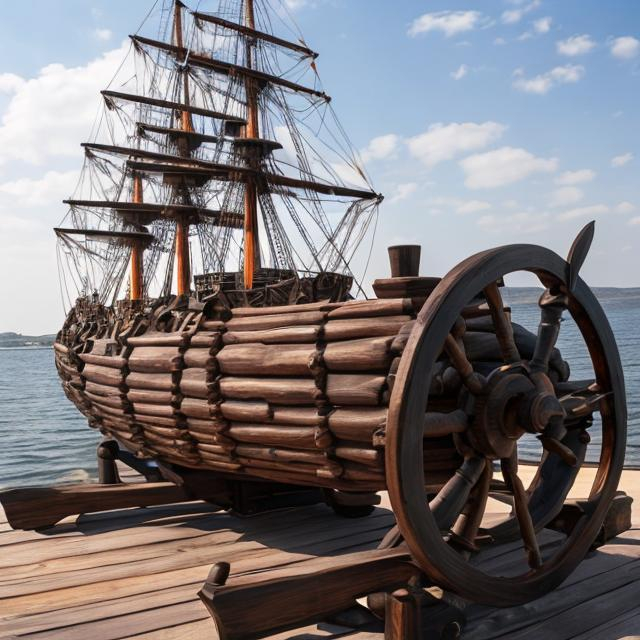 The ship has cannons, sails, and a wooden wheel