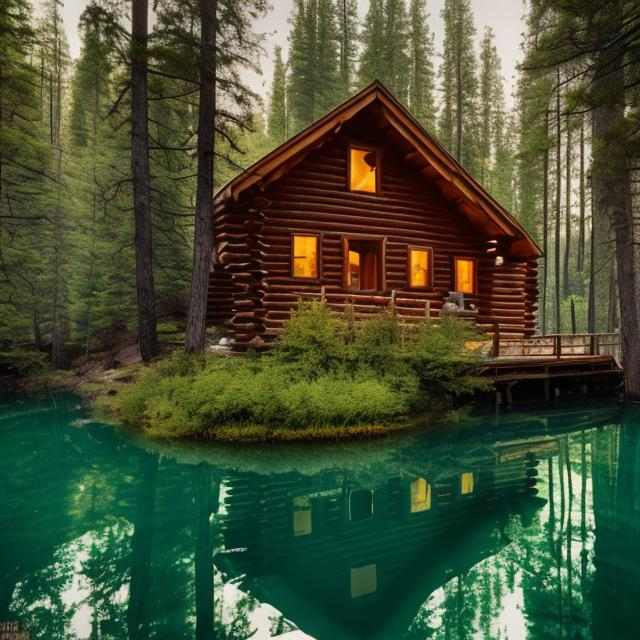 Cabin in the center of a lake surrounded by forest,...