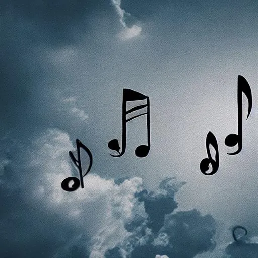 Music notes, floating in the clouds, sunny, hyper re...
