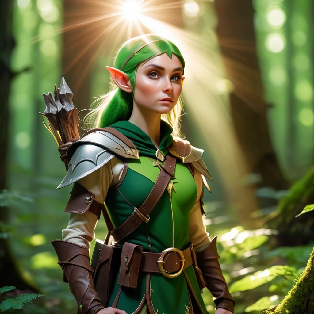 Elf ranger in a mystical forest around sunlight