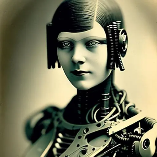 Portrait photo of a beautiful female cyborg from 1920