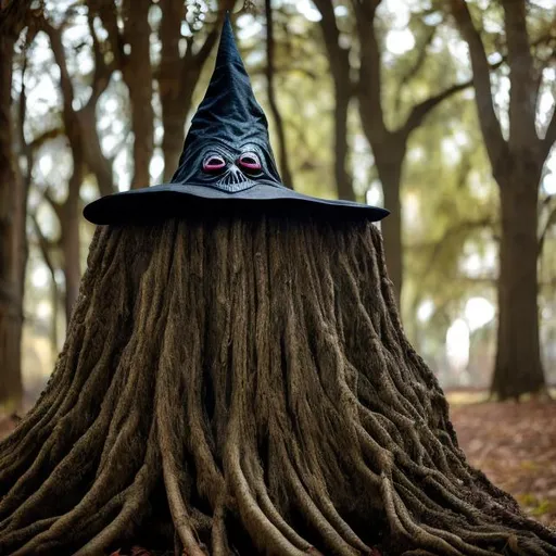 a creepy black witch hat on a tree trunk