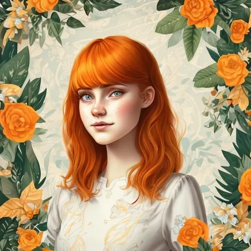 Young woman with orange hair and light yellow dress...