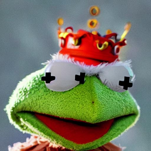 Crazy Kermit the frog wearing a crown flying through... | OpenArt