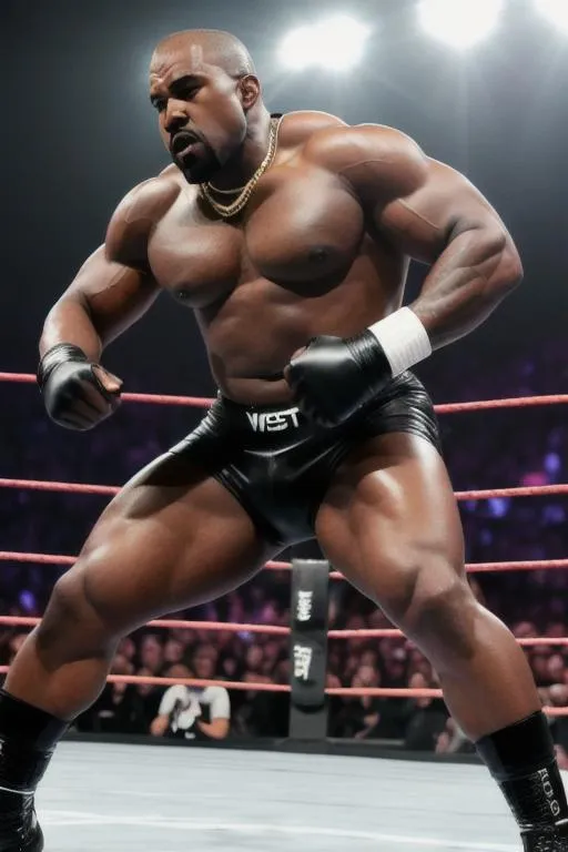 Kanye west as WWE wrestler, angry expression, muscle...