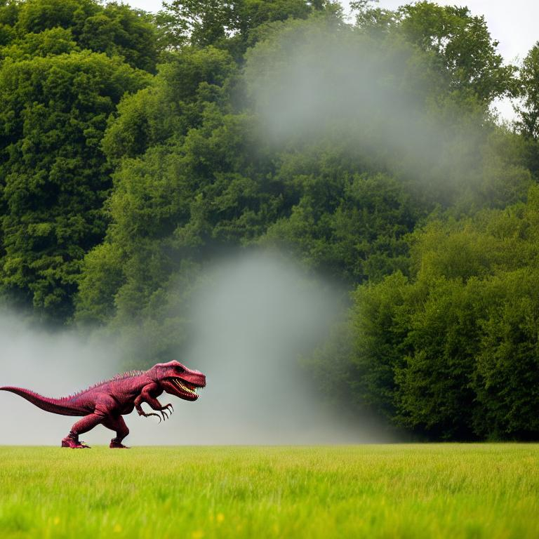 t-rex monster in a field with mist shooting lasers | OpenArt