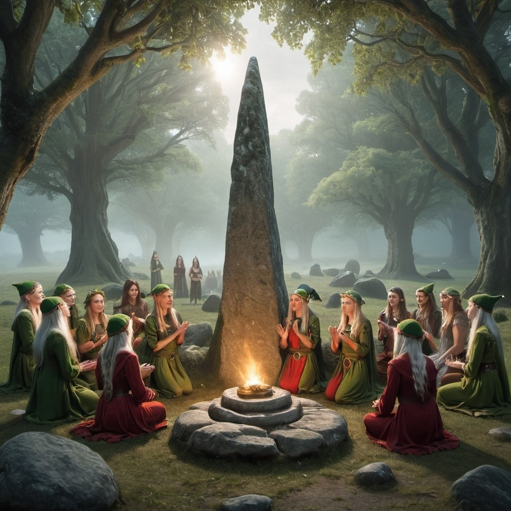 elves worshipping at a stone circle