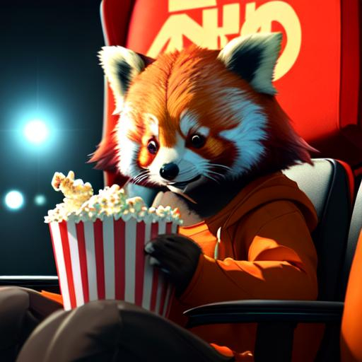 Cute small humanoid red panda sitting in a movie the... | OpenArt