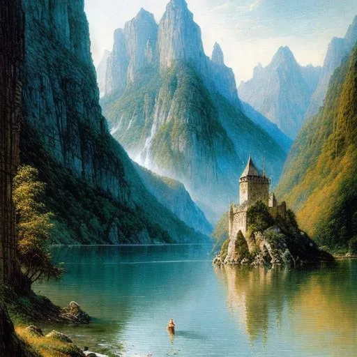 three wizard towers on an island in a lake, between... | OpenArt