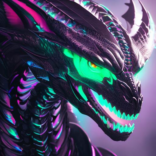 Portrait of a roaring neon skeleton dragon with irid...