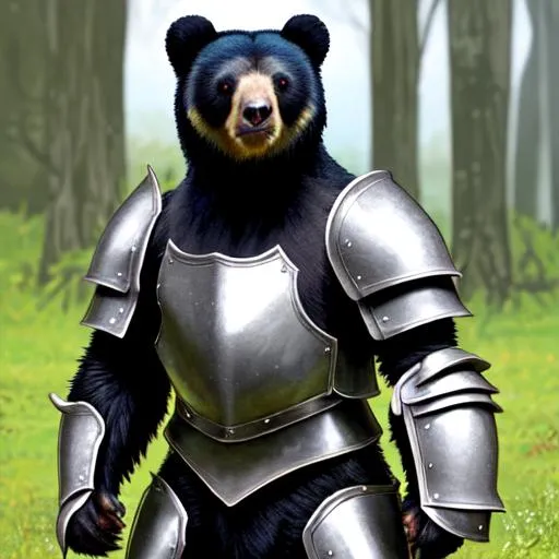 a spectacled bear with full plate armor