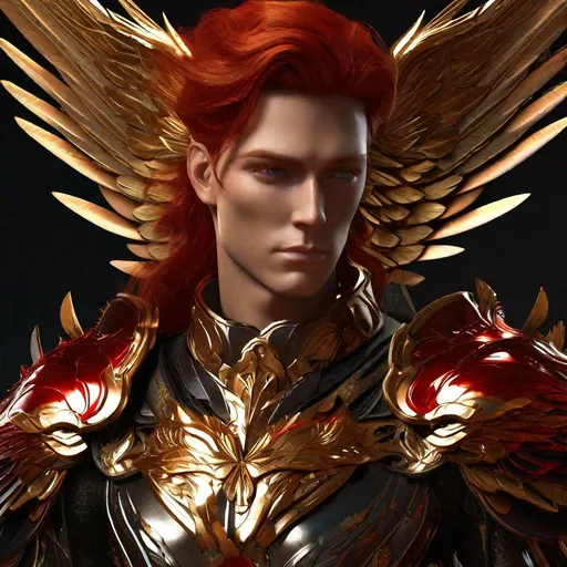 ""handsome male seraph with red hair", six wings, ho...