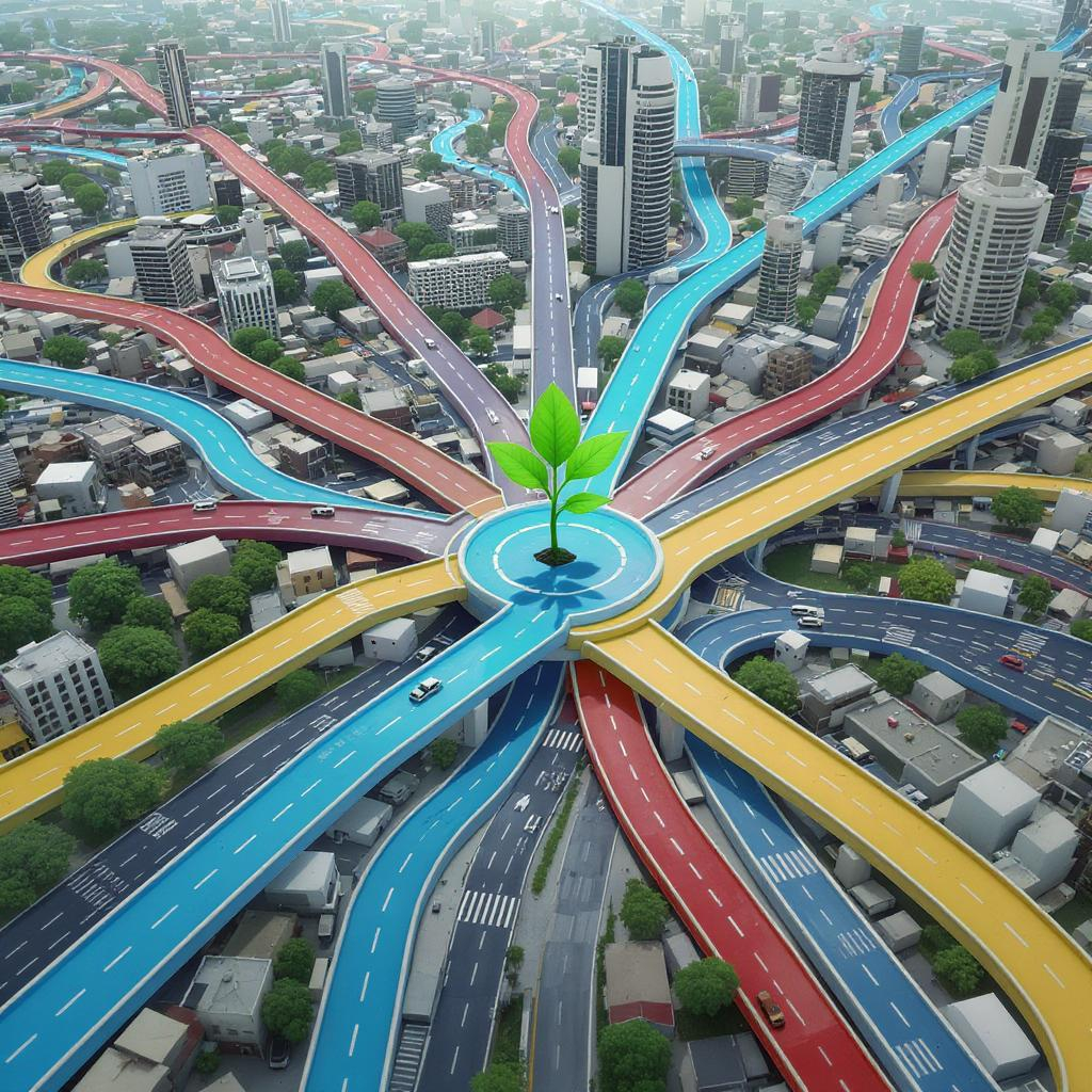 Create an image of a complex city with diferent road...