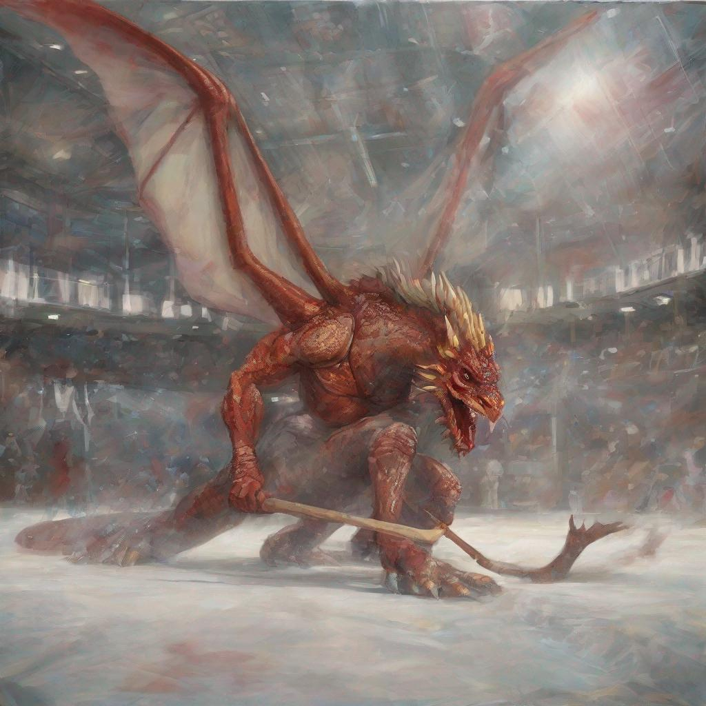 Hockey, ice rink, big red dragon, small chicken, rea...