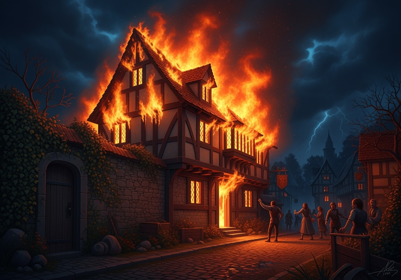 A medieval house catches fire during the historical...