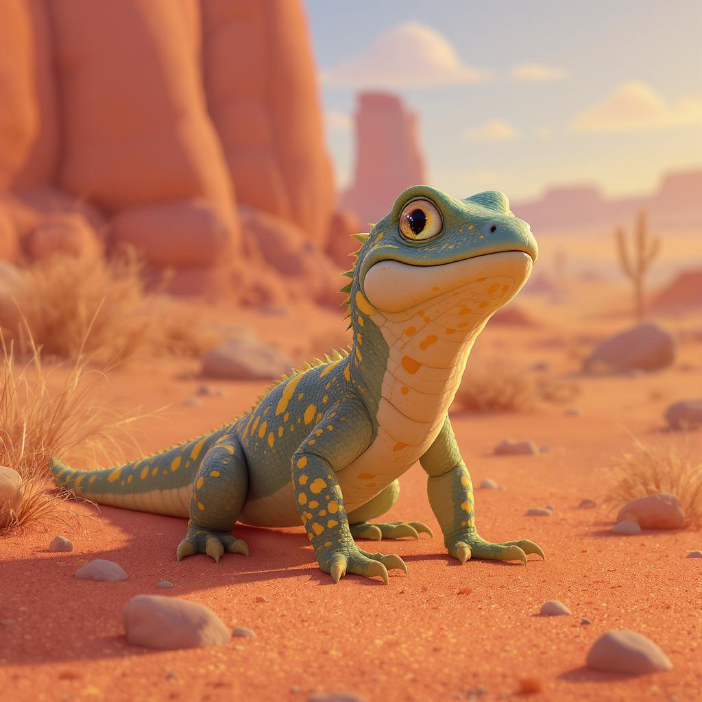 pixar-style lizard with yellow spots in a senora des...