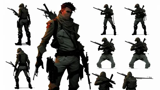 male futuristic character shooting from a rifle , co...