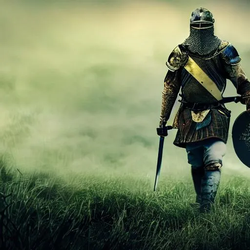 Mercenary wearing black and bright gold armor standi... | OpenArt