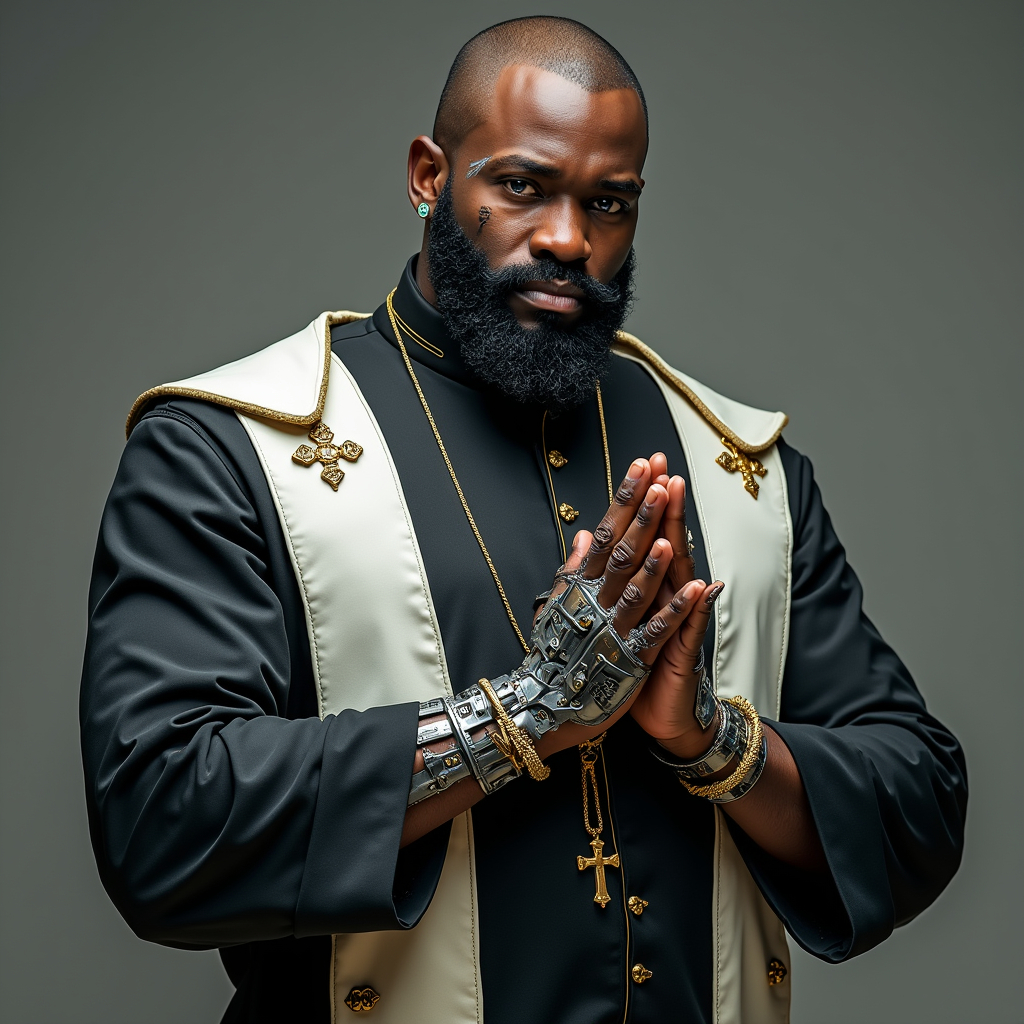 an African-American priest, with light blue eyes, a...