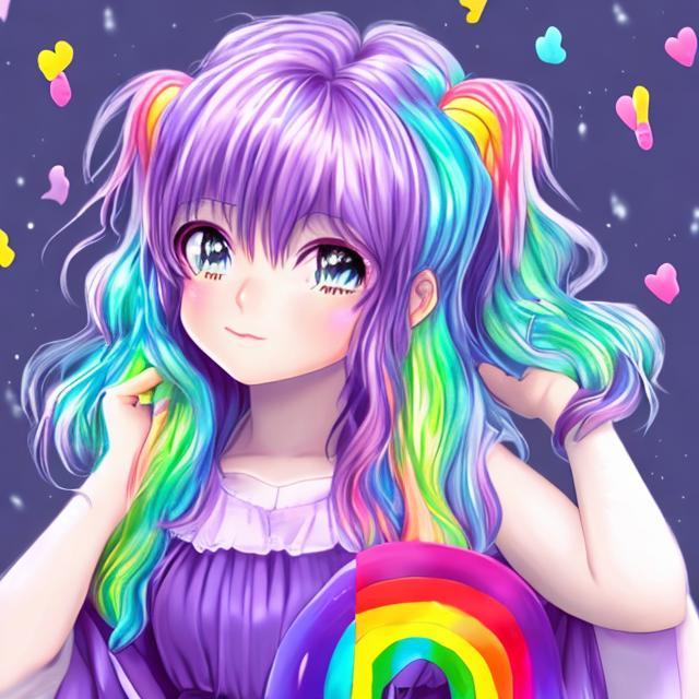 Cute, anime girl, and with rainbow hair and a purple...