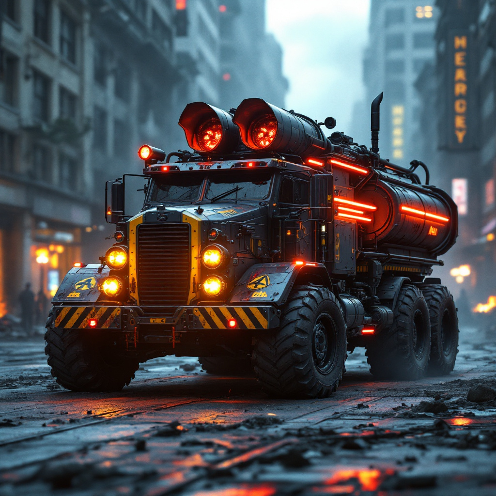 armored cyberpunk urban flamethrower truck, built fo...