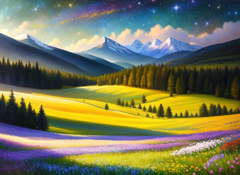 painting of a field of wild flowers, forest, aesthet... | OpenArt