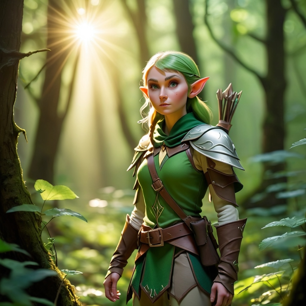 Elf ranger in a mystical forest around sunlight