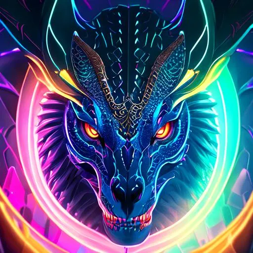 Portrait of a roaring neon skeleton dragon with irid...