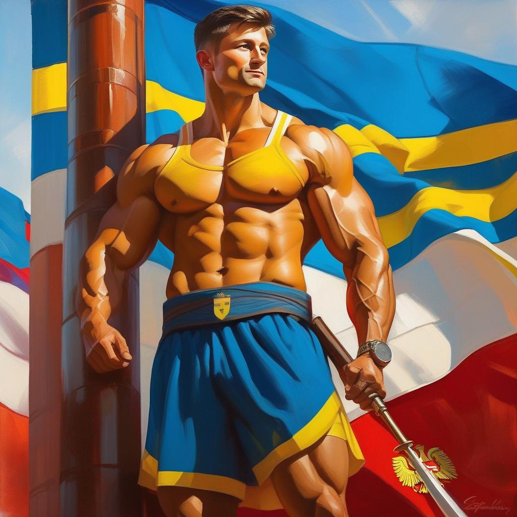 Tall buff Zelensky gigachad, Ukrainian flag, cartoon...