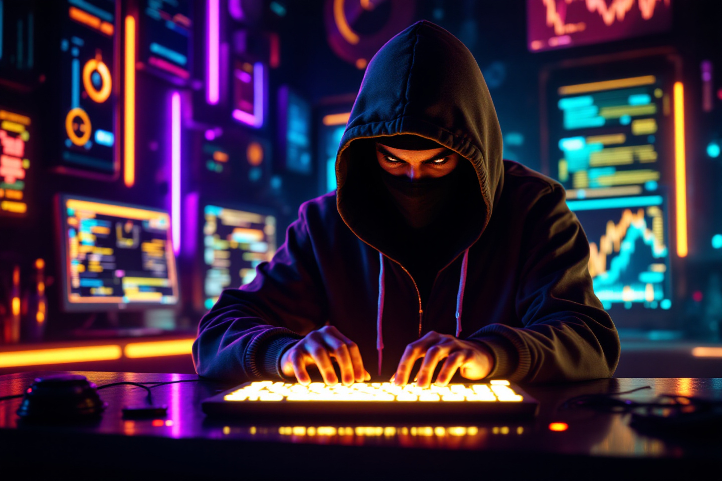 Hacker in a Neon Room: "Mysterious hacker wearing a...