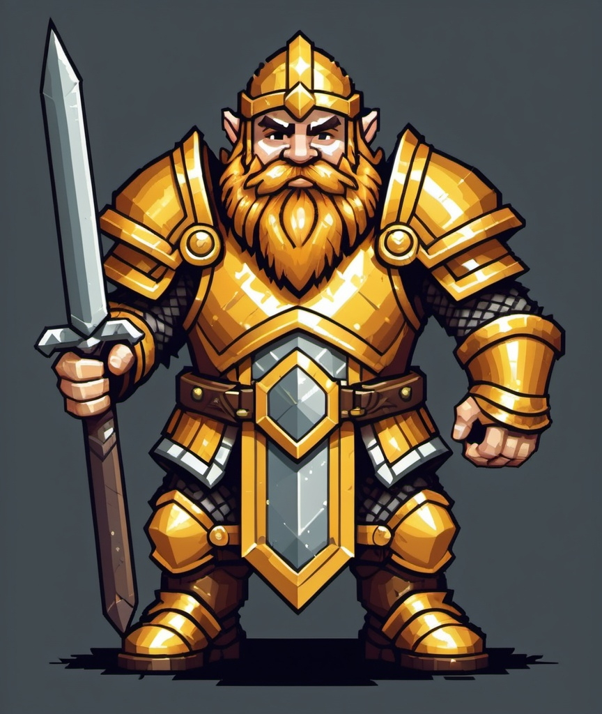"Pixel art of a dwarf warrior wearing strong golden...