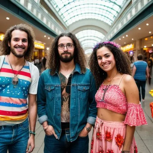 Realistic photo of hippies at the great American Mal...