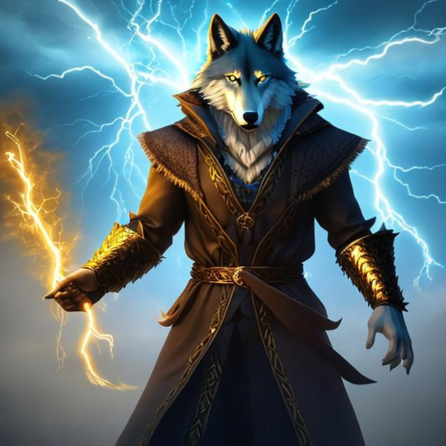 a beautiful anthropomorphic wolf wizard man casting...