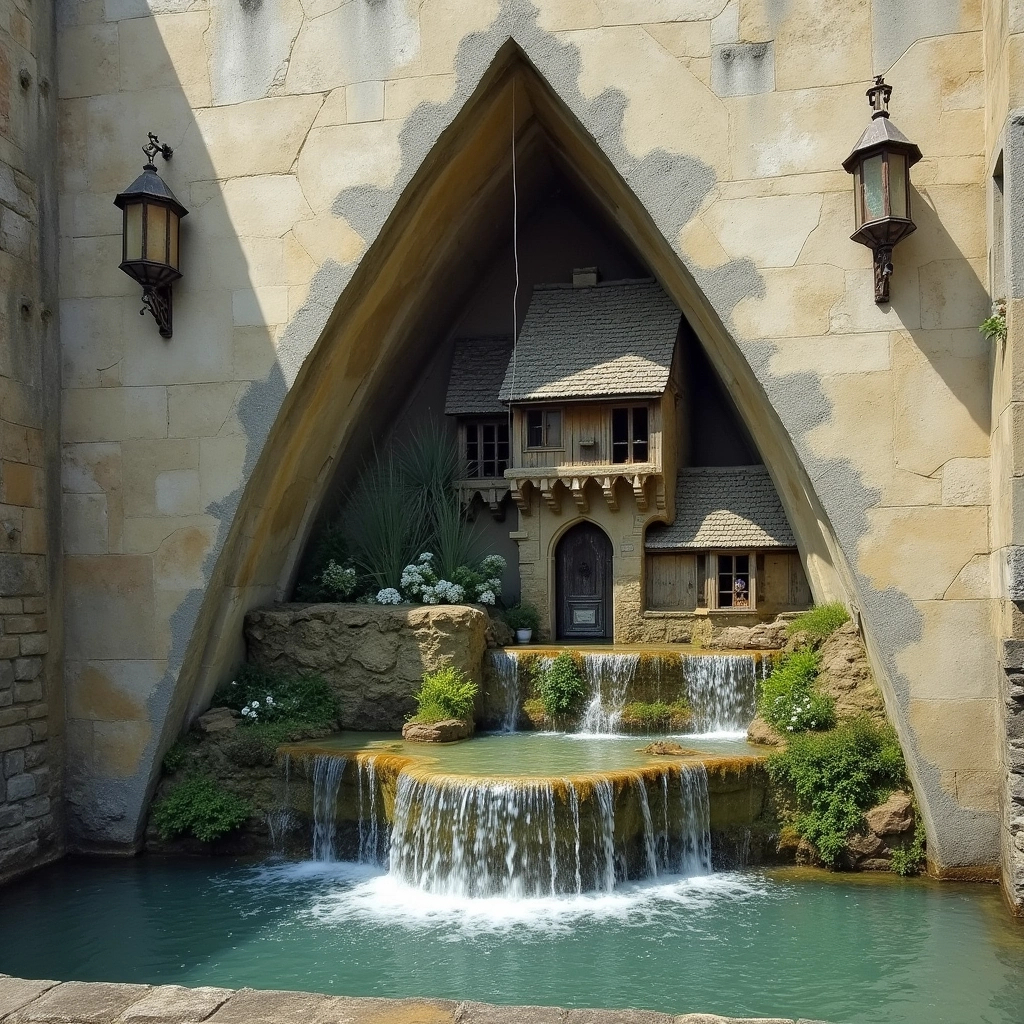 A triangular fountain in the corner of the wall, wit...