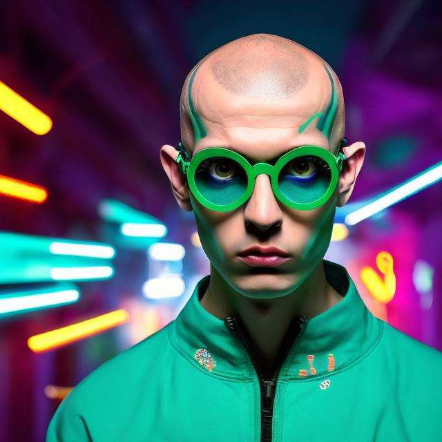 male gabber bald head piercing tubes light blue roun... | OpenArt