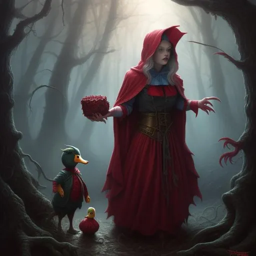 candy duck cthulhu chasing little red riding hood on... | OpenArt