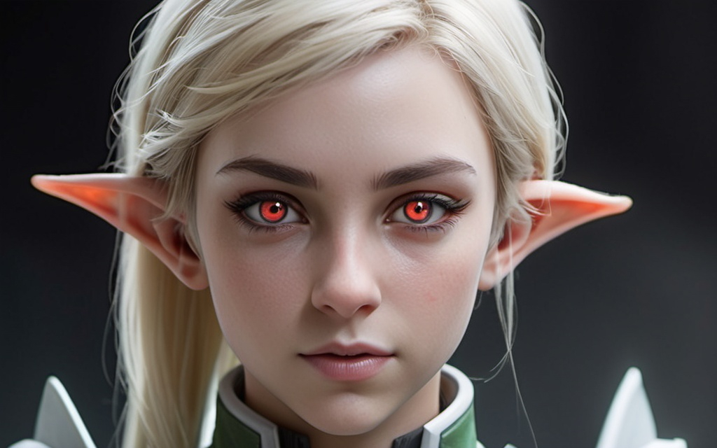 Sci-fi elf female protagonist with scarlet eyes and...