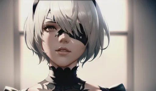 Portrait,2B from NieR:Automata,short white hair,blac... | OpenArt