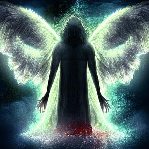 a angel with an evil aura over it in hell