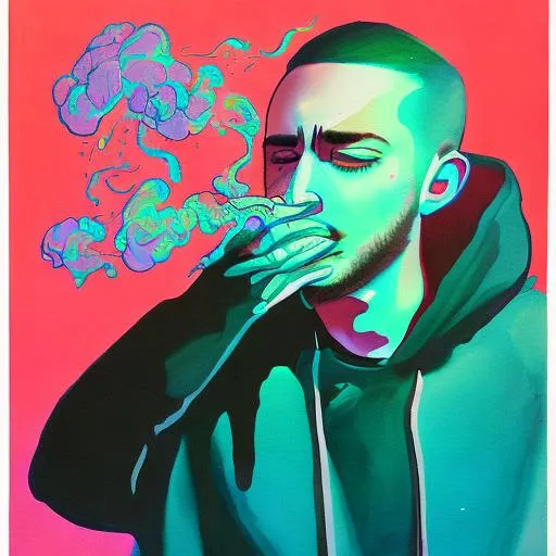 a painting of mac miller smoking, underwater, with d...