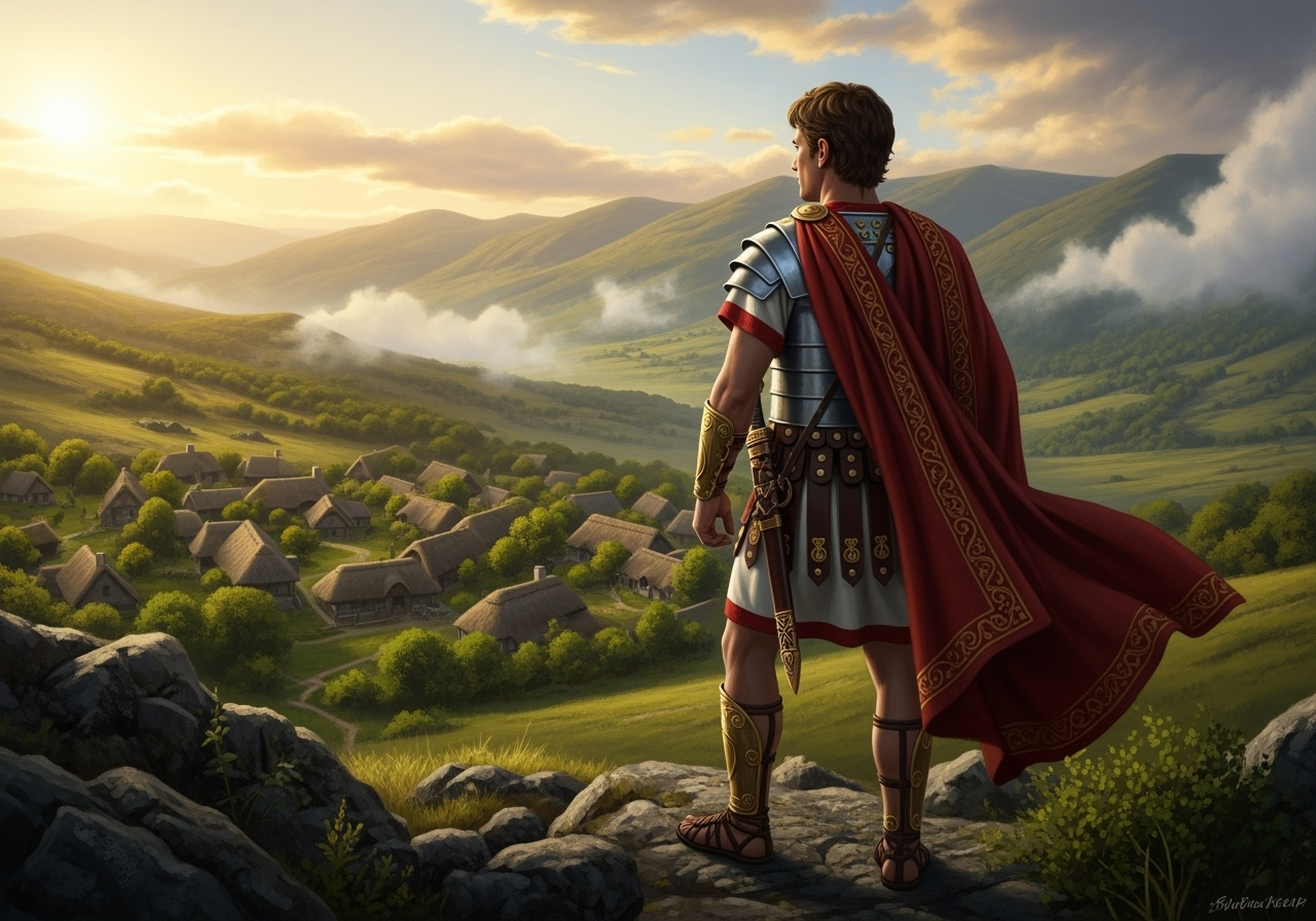 A back view of a 20-year-old Roman governor on a mou...
