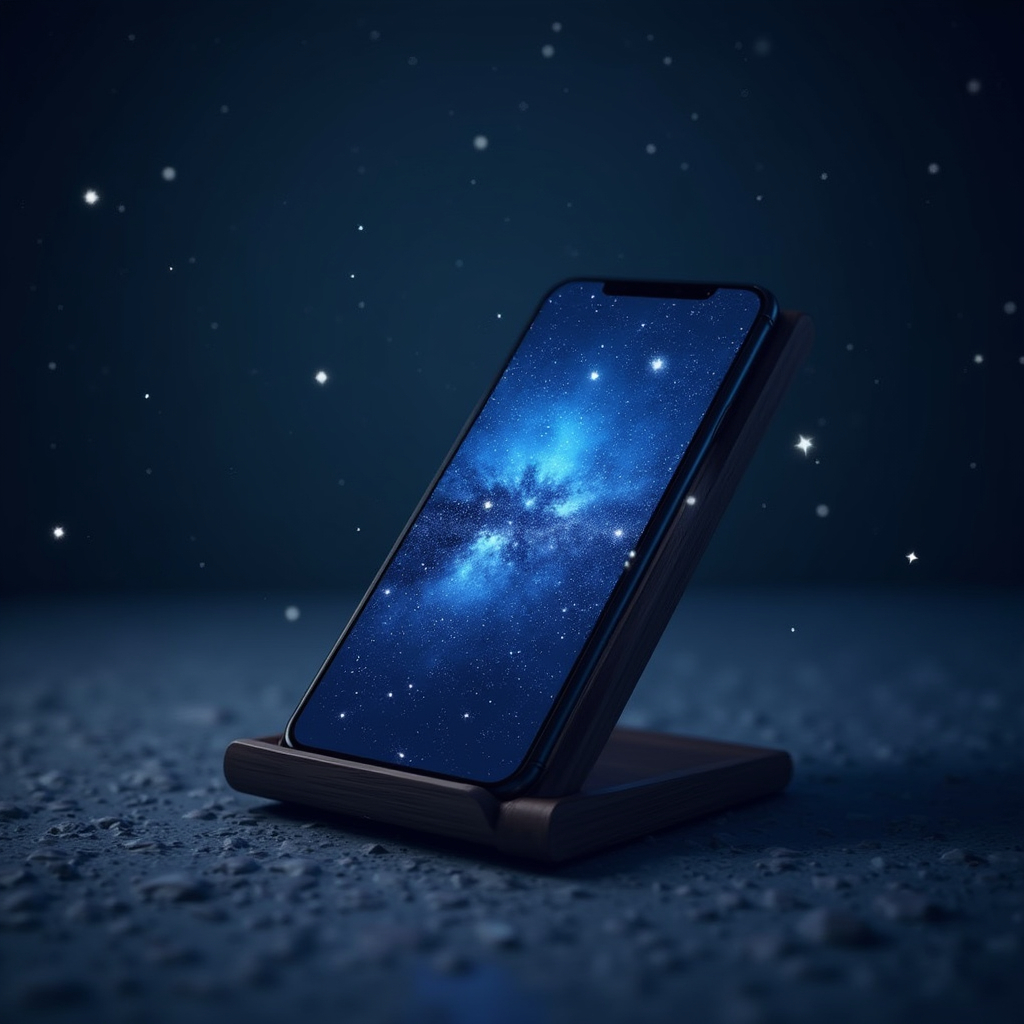 a night sky phone stand that is blue and with many s...