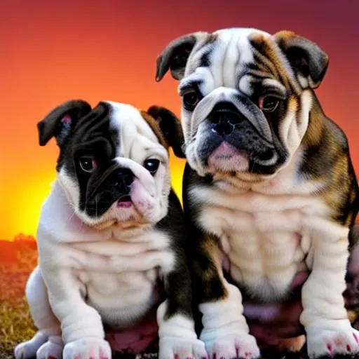 pretty bulldog puppies with a sunset | OpenArt