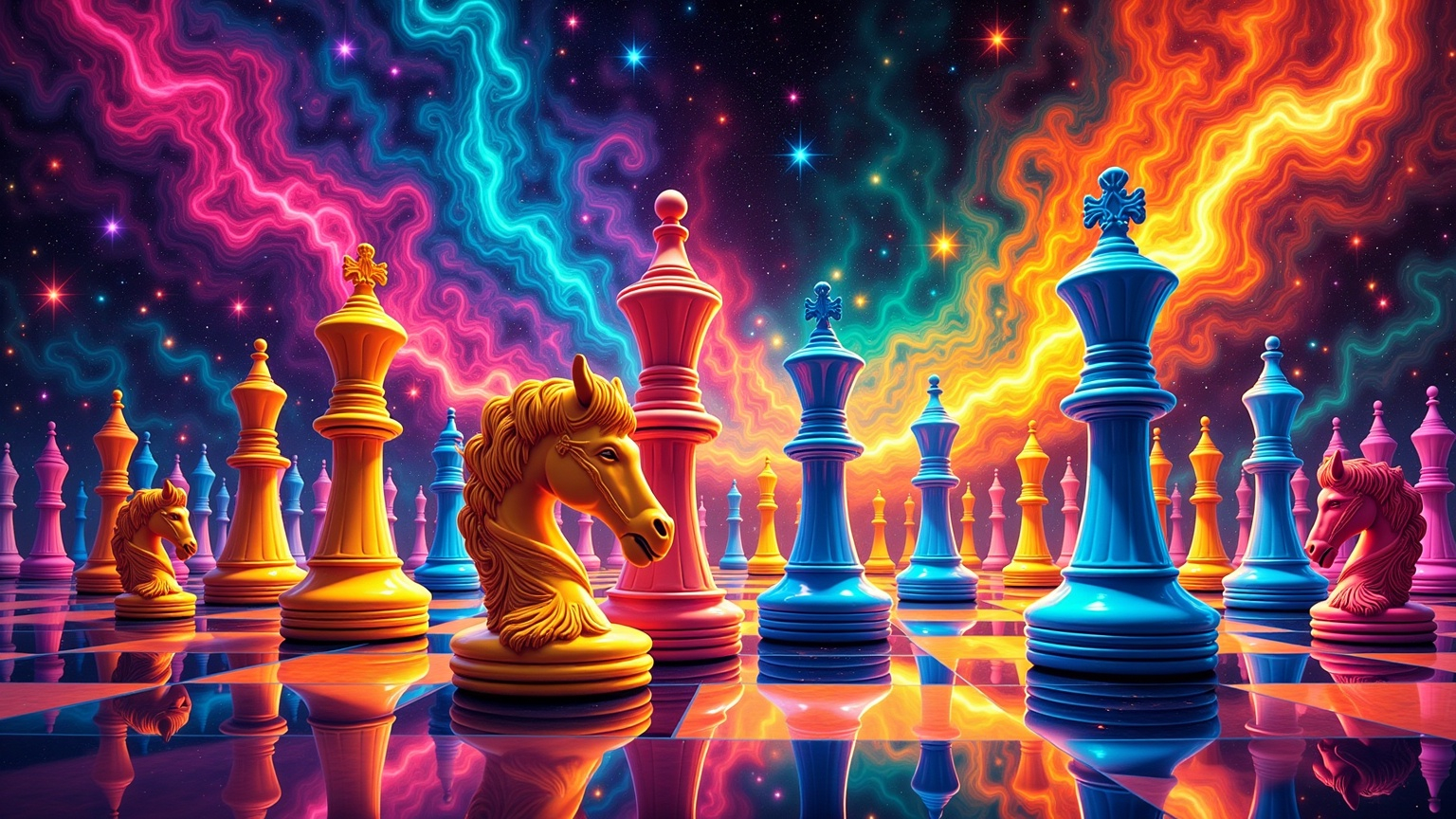 trippy colorful image of chess pieces floating in a...